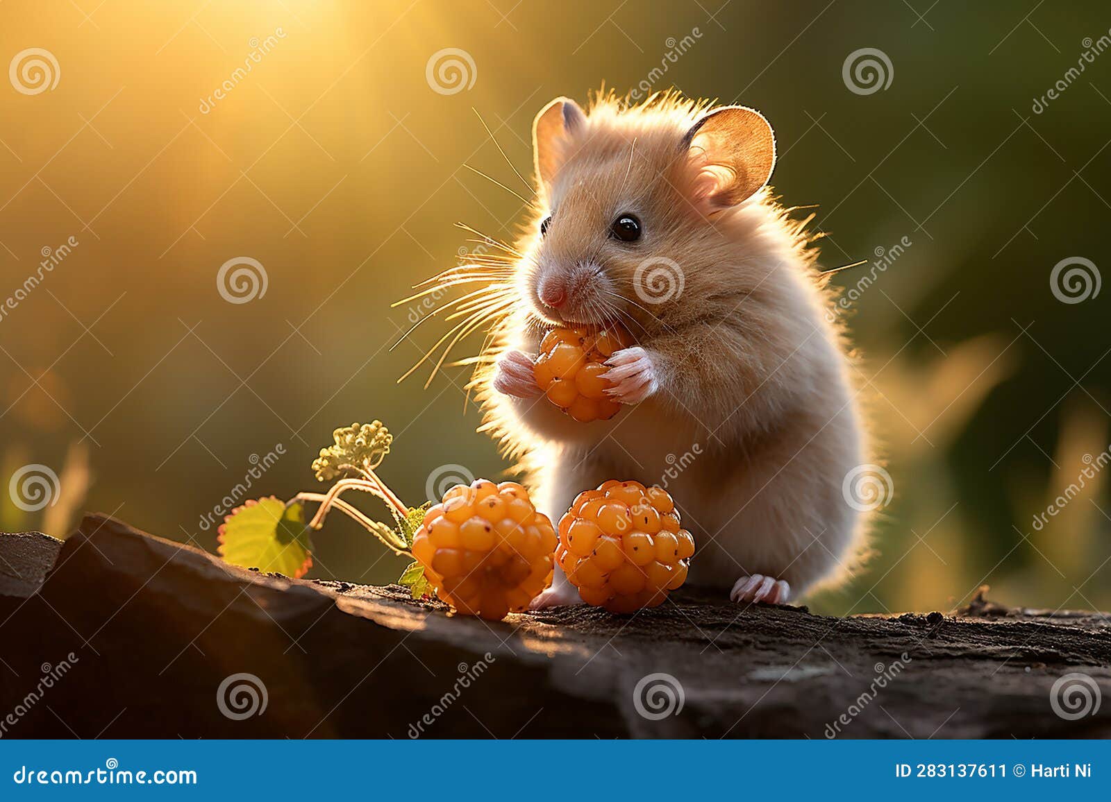 Cute Brown Hamster Eating Berries Fruit on a Tree Branch in the Forest ...