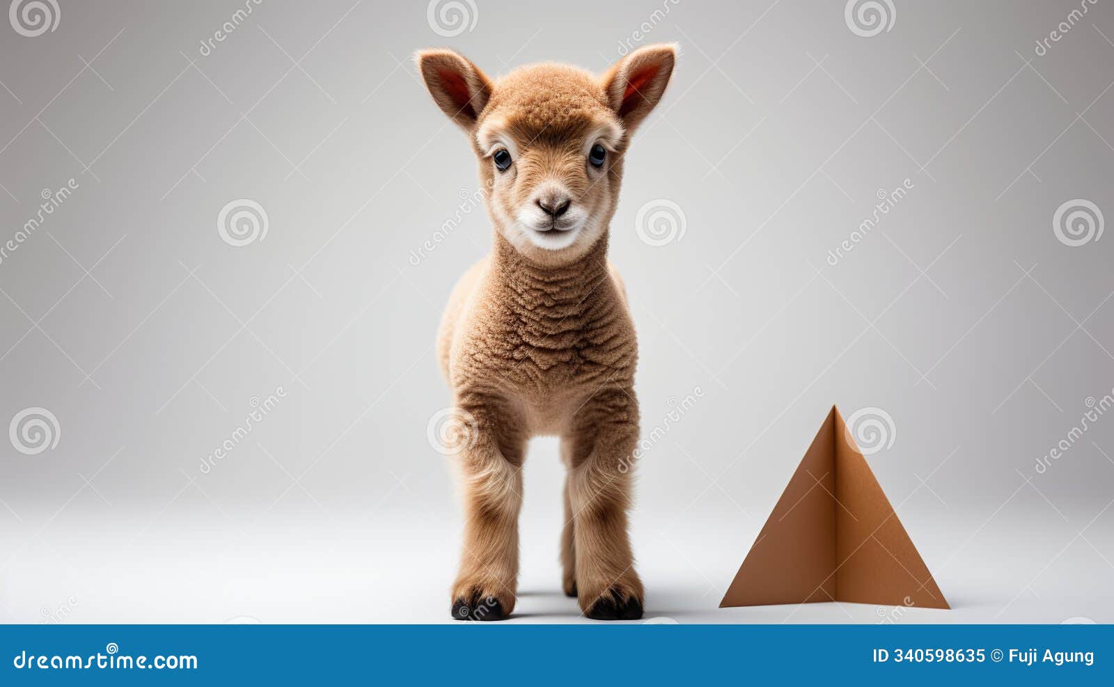 A Cute Brown Lamb Stands in Front of a Brown Triangle on a White ...