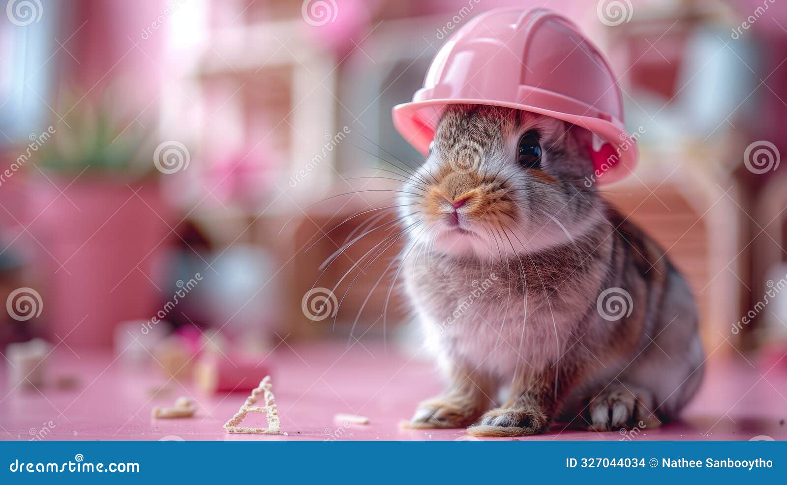 A Cute Brown Rabbit Wearing a Pink Hard Hat. the Rabbit is Sitting on a ...