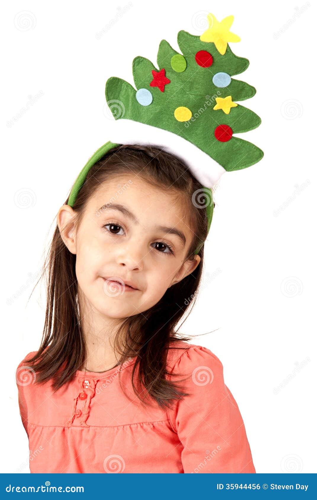 Cute Brunette Girl in Christmas Tree Hat Stock Photo - Image of person ...