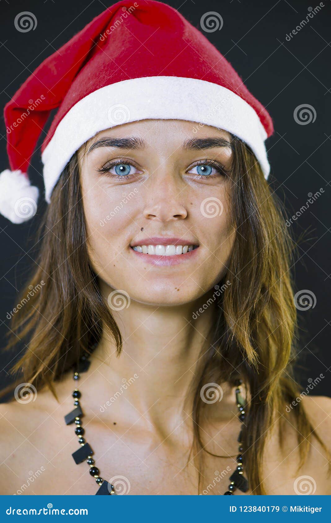 Cute Brunette Girl In Santa Claus Cap Stock Image Image Of Person