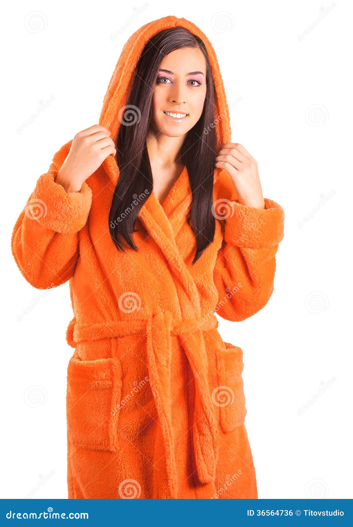 Cute Brunette in an Orange Bathrobe Stock Photo - Image of girl ...