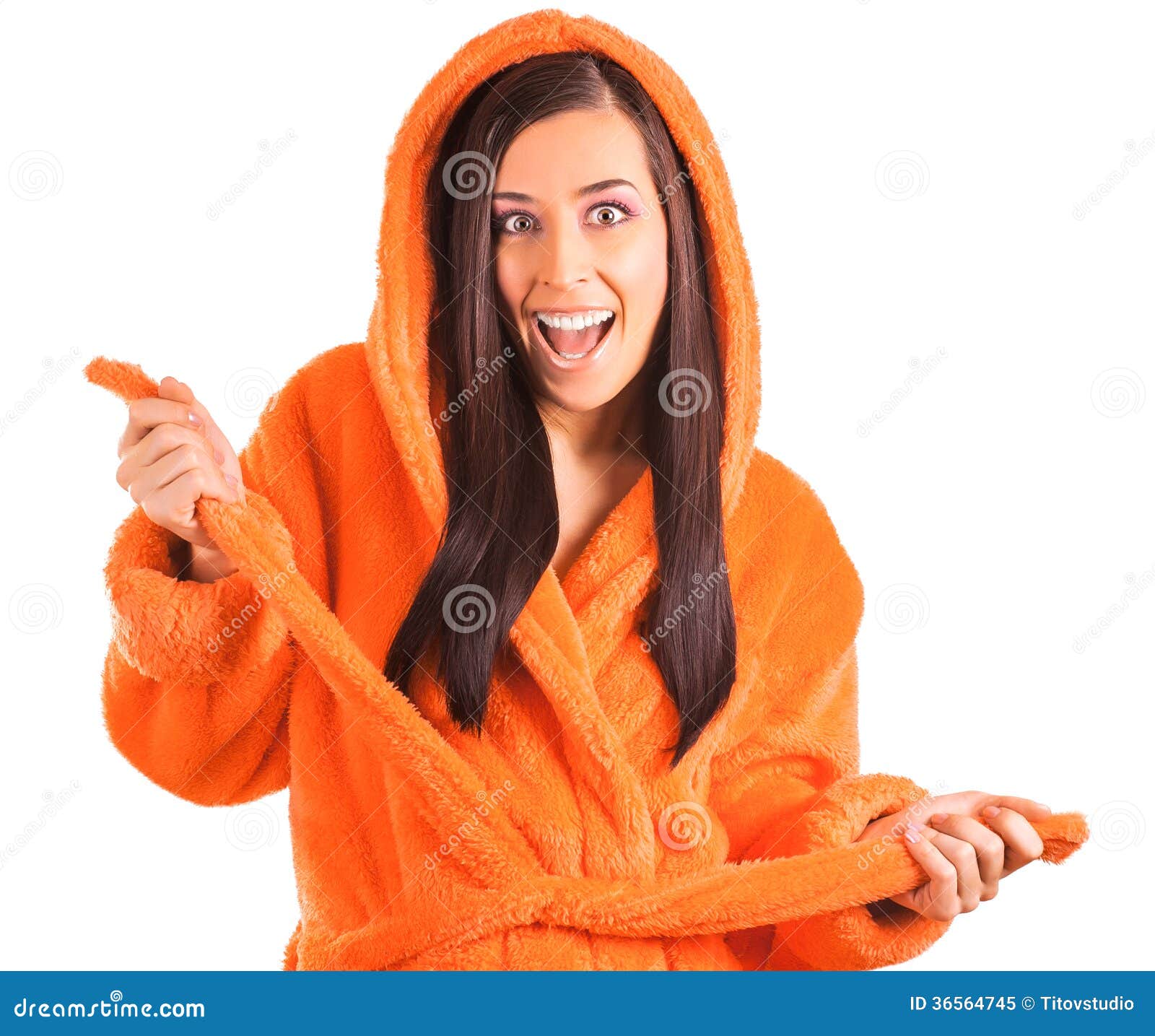 Cute Brunette in an Orange Bathrobe Stock Image - Image of brunette ...