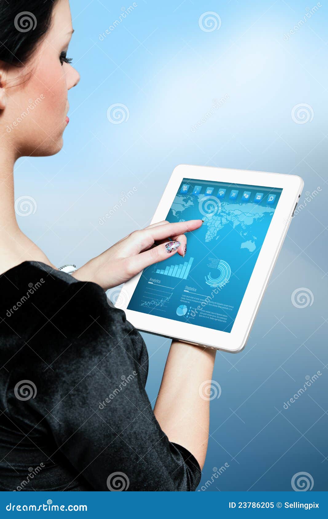 Cute Brunette Using Interface of New Touch Pad Dev Stock Image - Image ...
