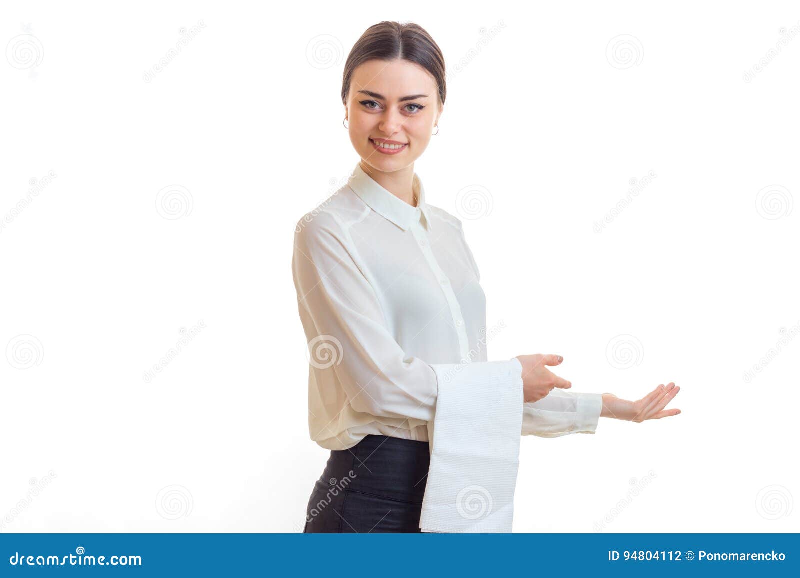 Cute Brunette Waiter Smiles at the Camera Stock Photo - Image of serve ...