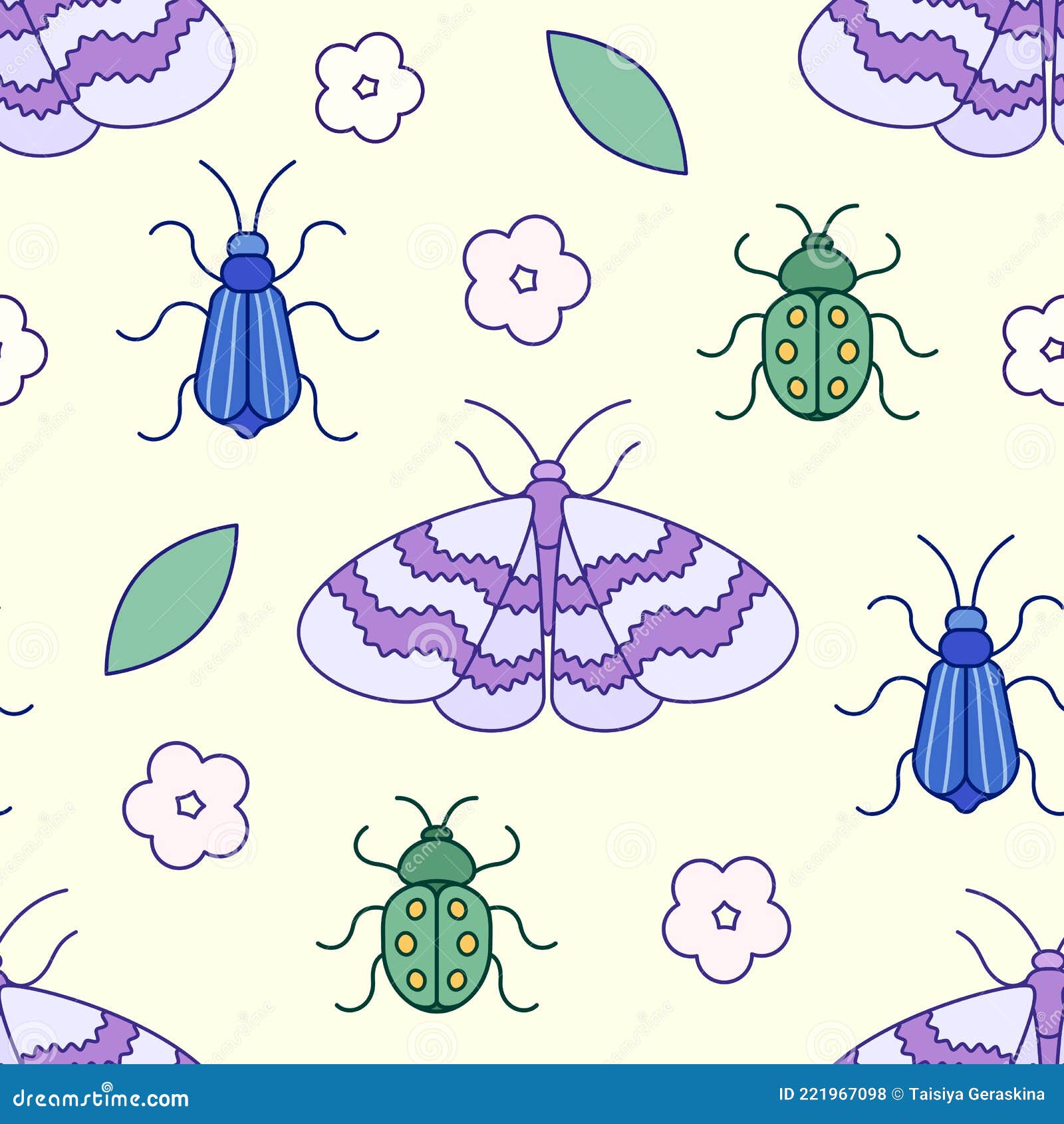 Cute Bugs and Butterfly in Seamless Pattern. Flat Vector Illustration ...