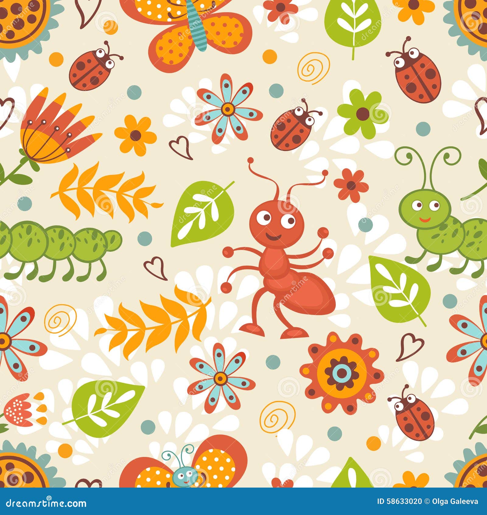 Cute Bugs Colorful Seamless Pattern Stock Vector - Illustration of ...