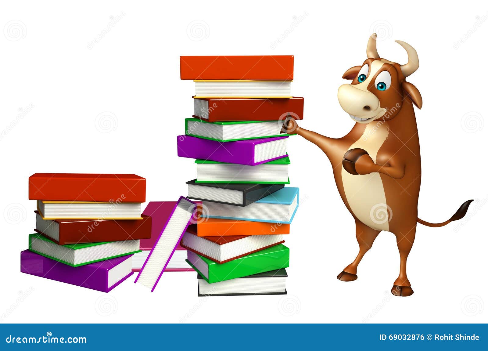Cute Bull Cartoon Character with Book Stack Stock Illustration ...