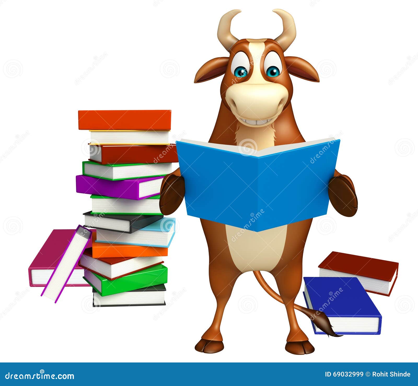Cute Bull Cartoon Character with Book Stack Stock Illustration ...