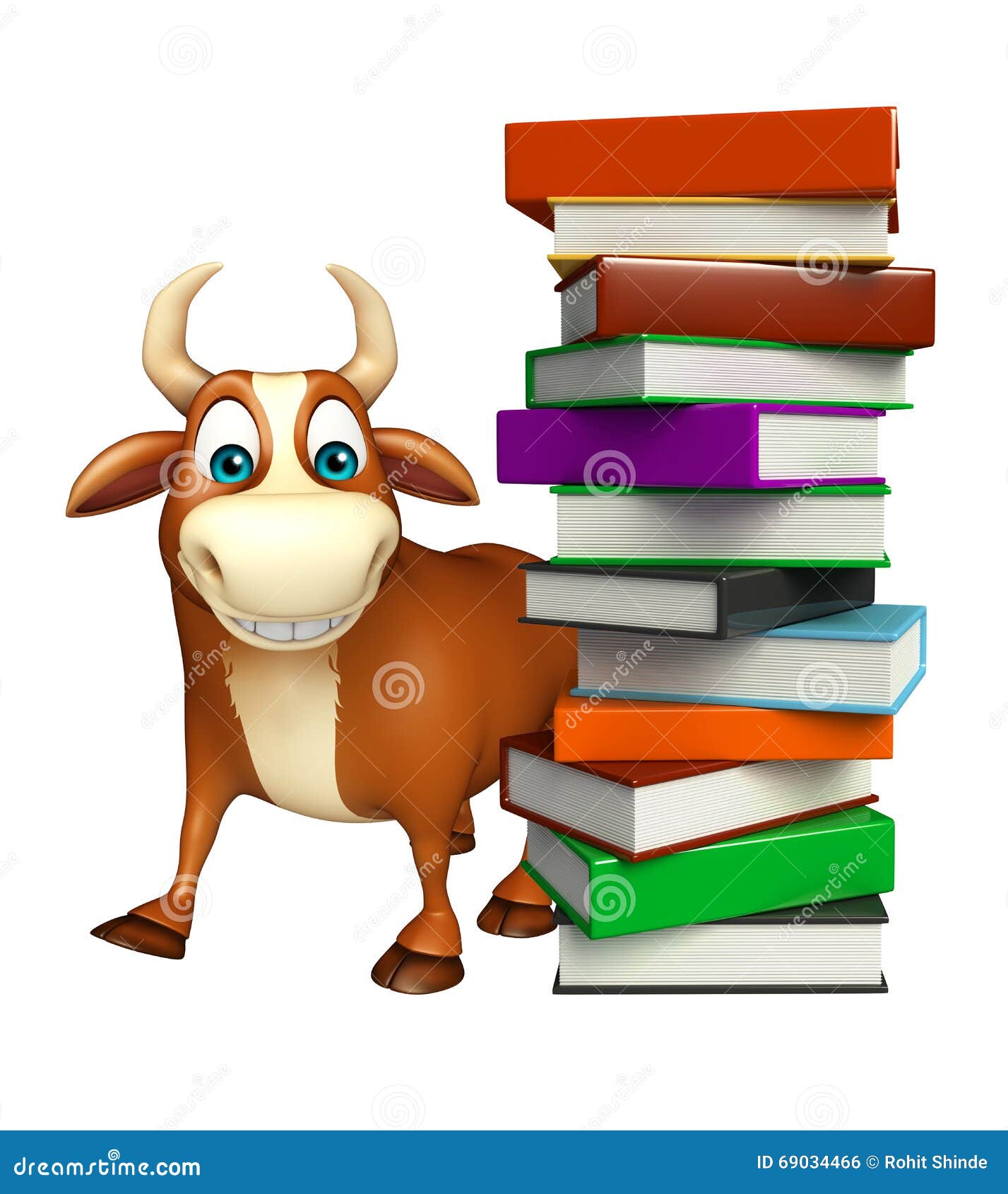 Cute Bull Cartoon Character with Book Stack Stock Illustration ...