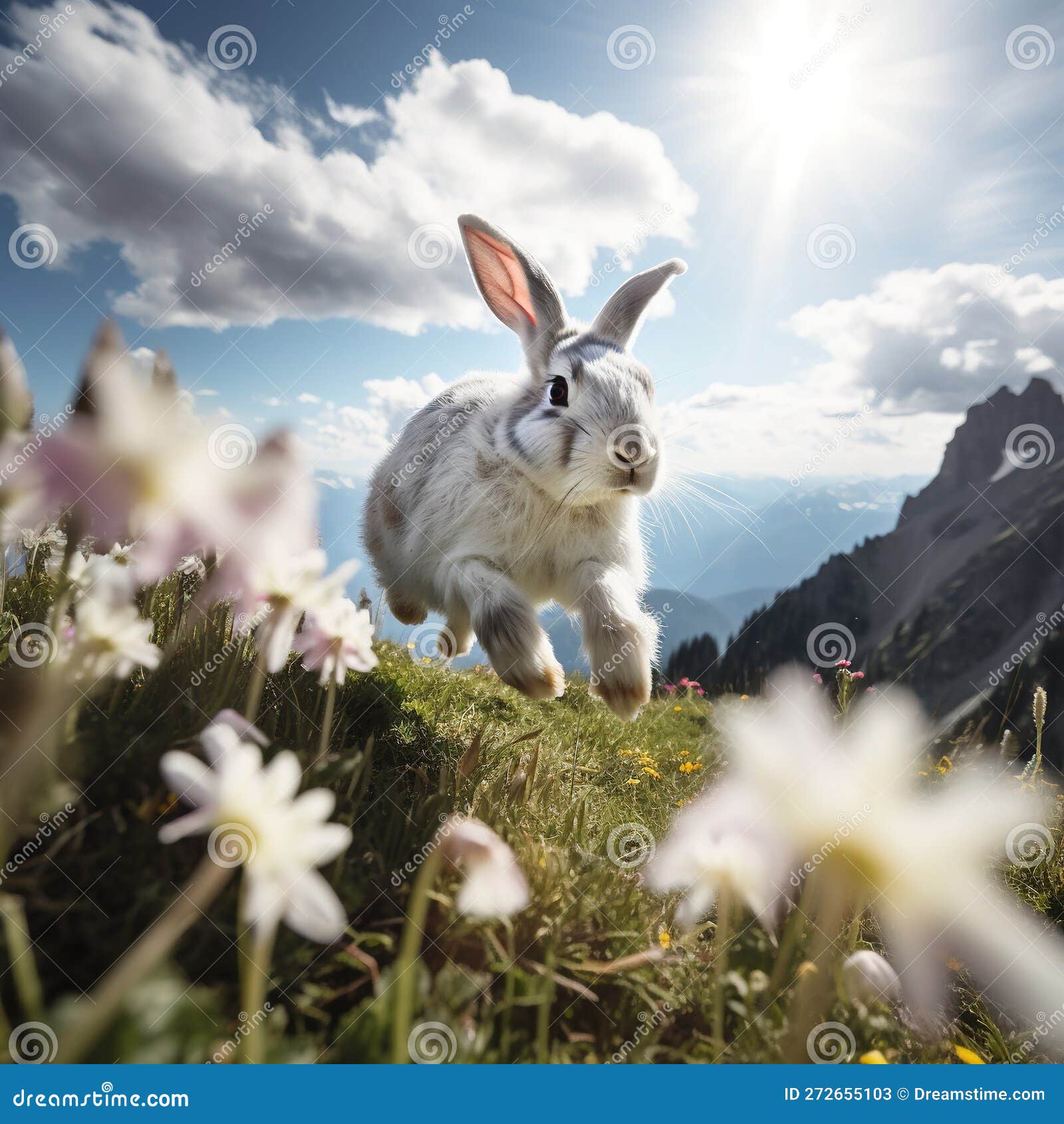 Cute Bunny in a Blooming Spring Meadow in the Mountains. Generative AI ...