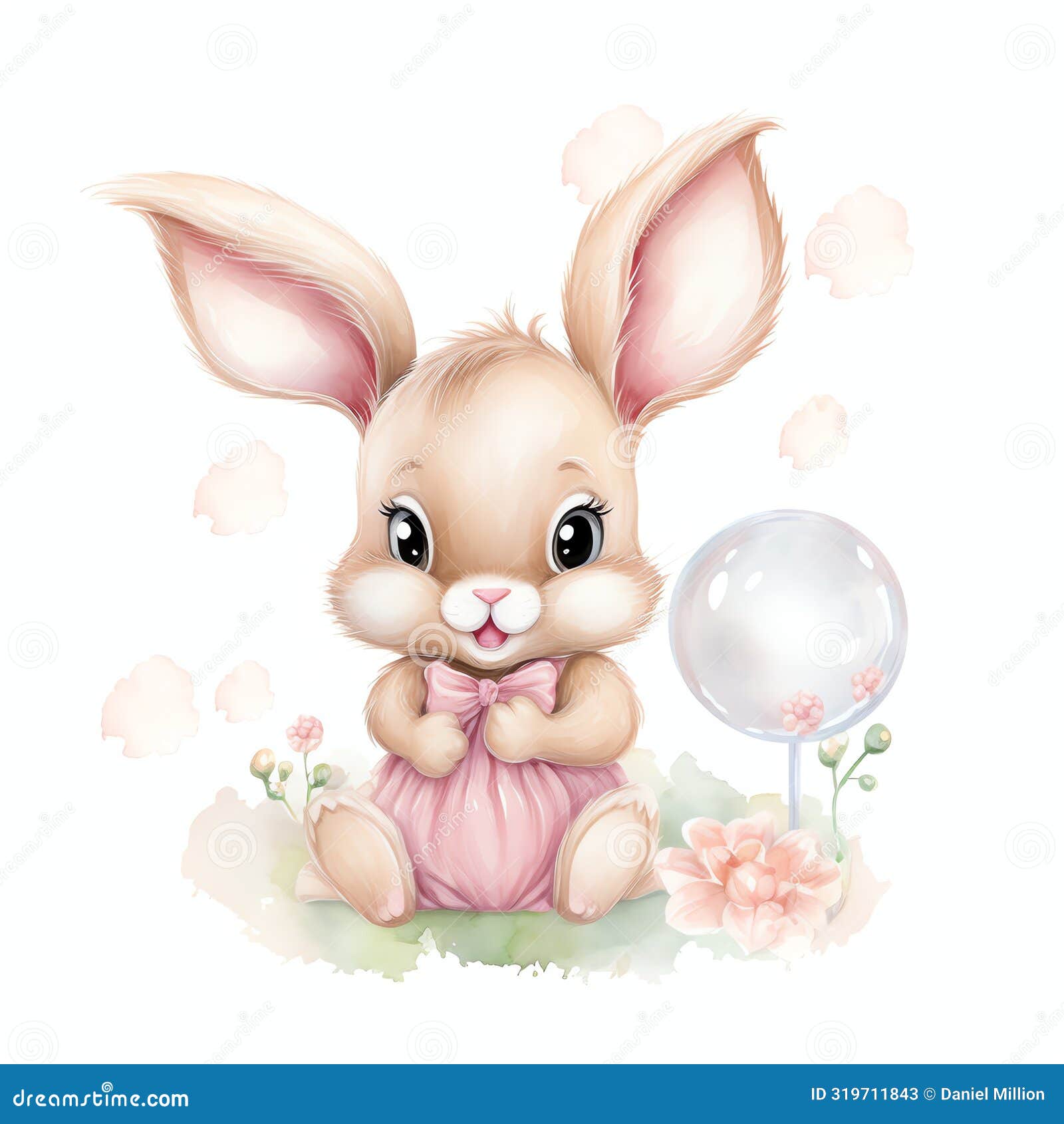 Cute Bunny Blowing Bubbles Watercolor Illustration Stock Illustration ...