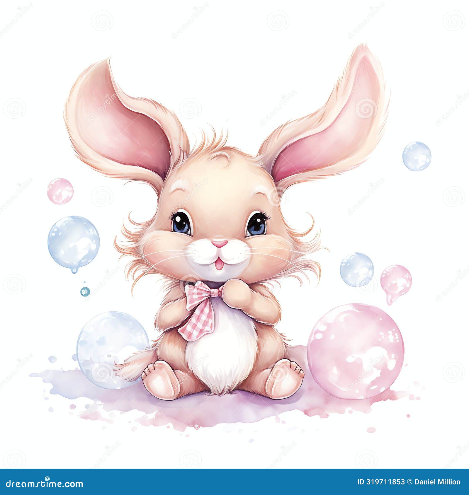 Cute Bunny Blowing Bubbles Watercolor Illustration Stock Illustration ...