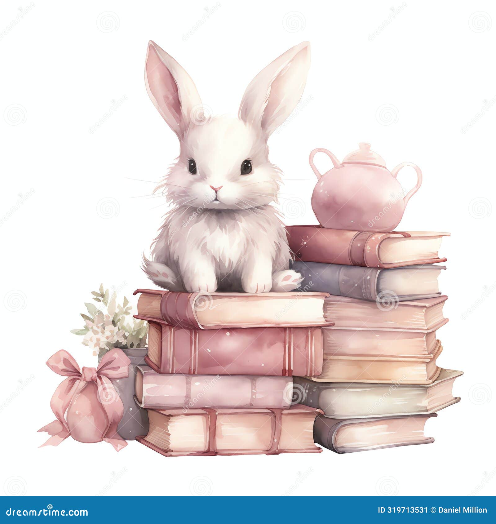 Cute Bunny with Books Watercolor Illustration Stock Illustration ...