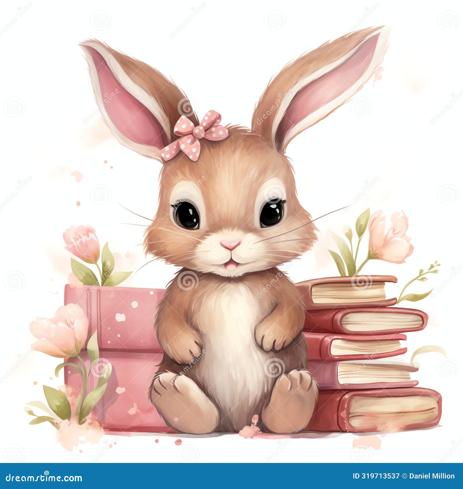 Cute Bunny with Books Watercolor Illustration Stock Illustration ...