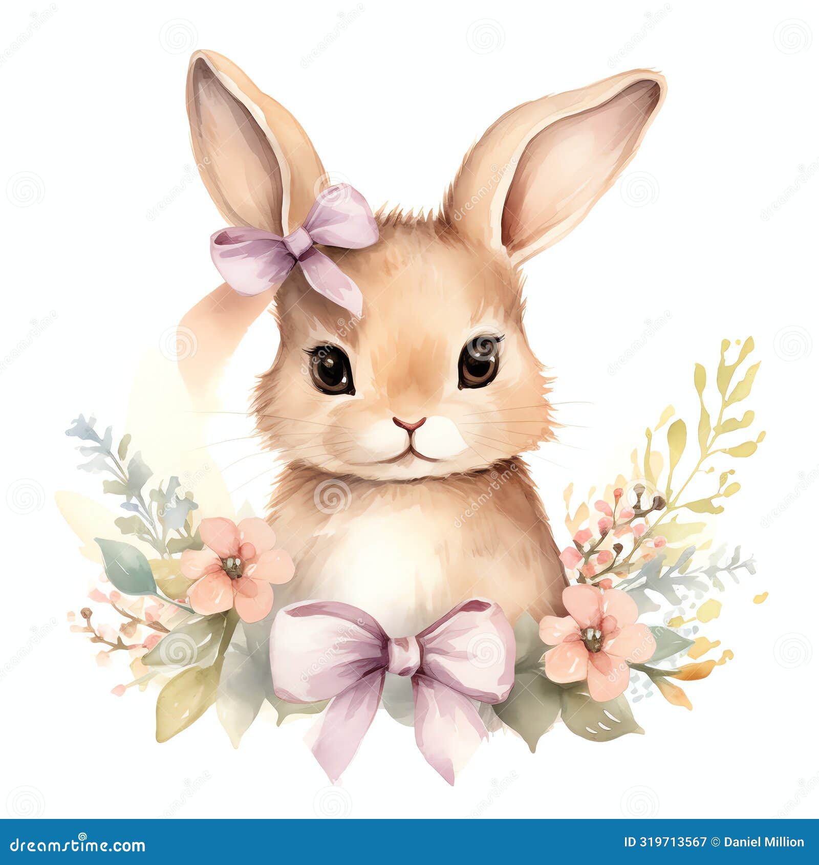 Cute Bunny with Bow Watercolor Illustration Stock Illustration ...