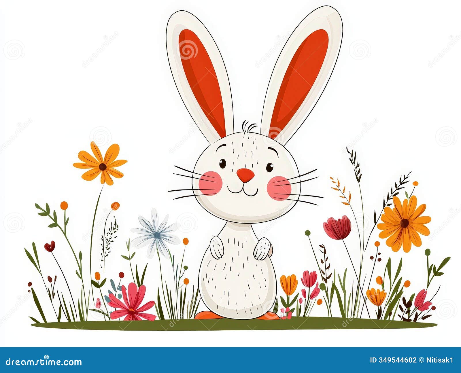 Cute Bunny among Colorful Flowers White Background Stock Illustration ...