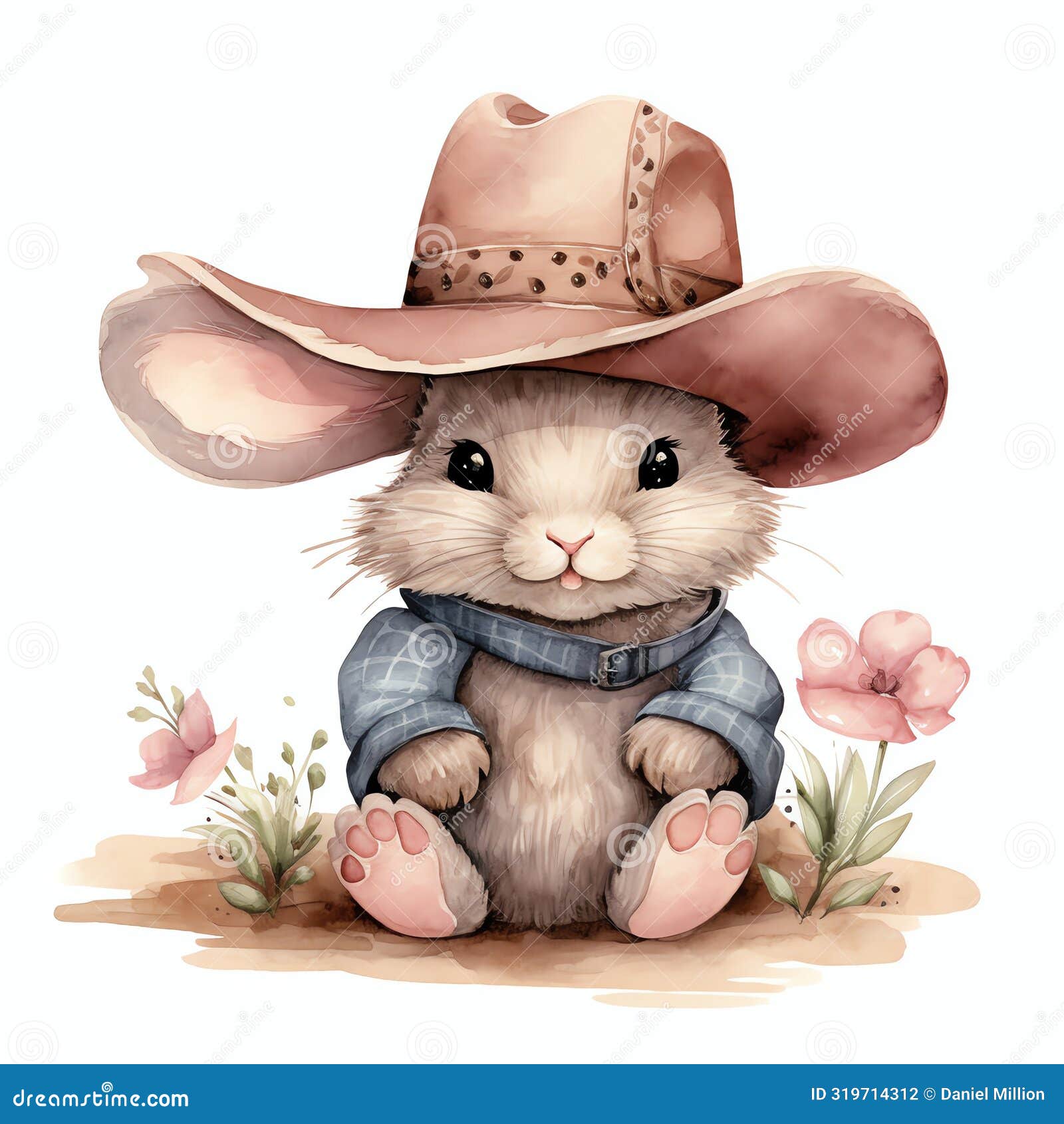 Cute Bunny with Cowboy Hat Watercolor Illustration Stock Illustration ...