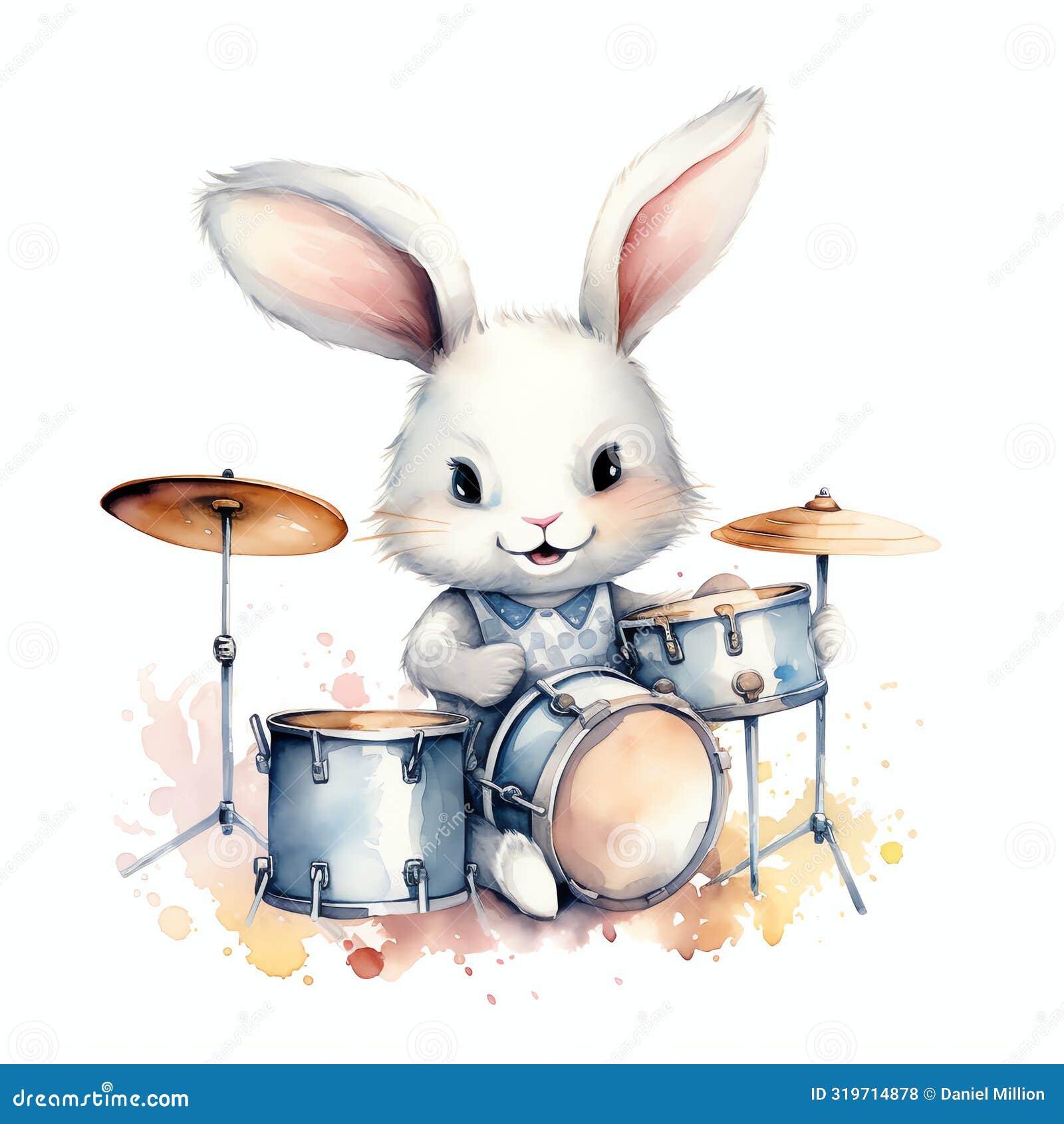 Cute Bunny with Drum Kit Watercolor Illustration Stock Illustration ...
