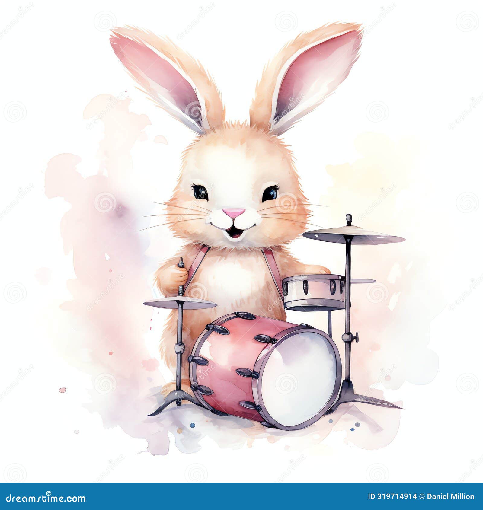 Cute Bunny with Drum Set Watercolor Illustration Stock Illustration ...