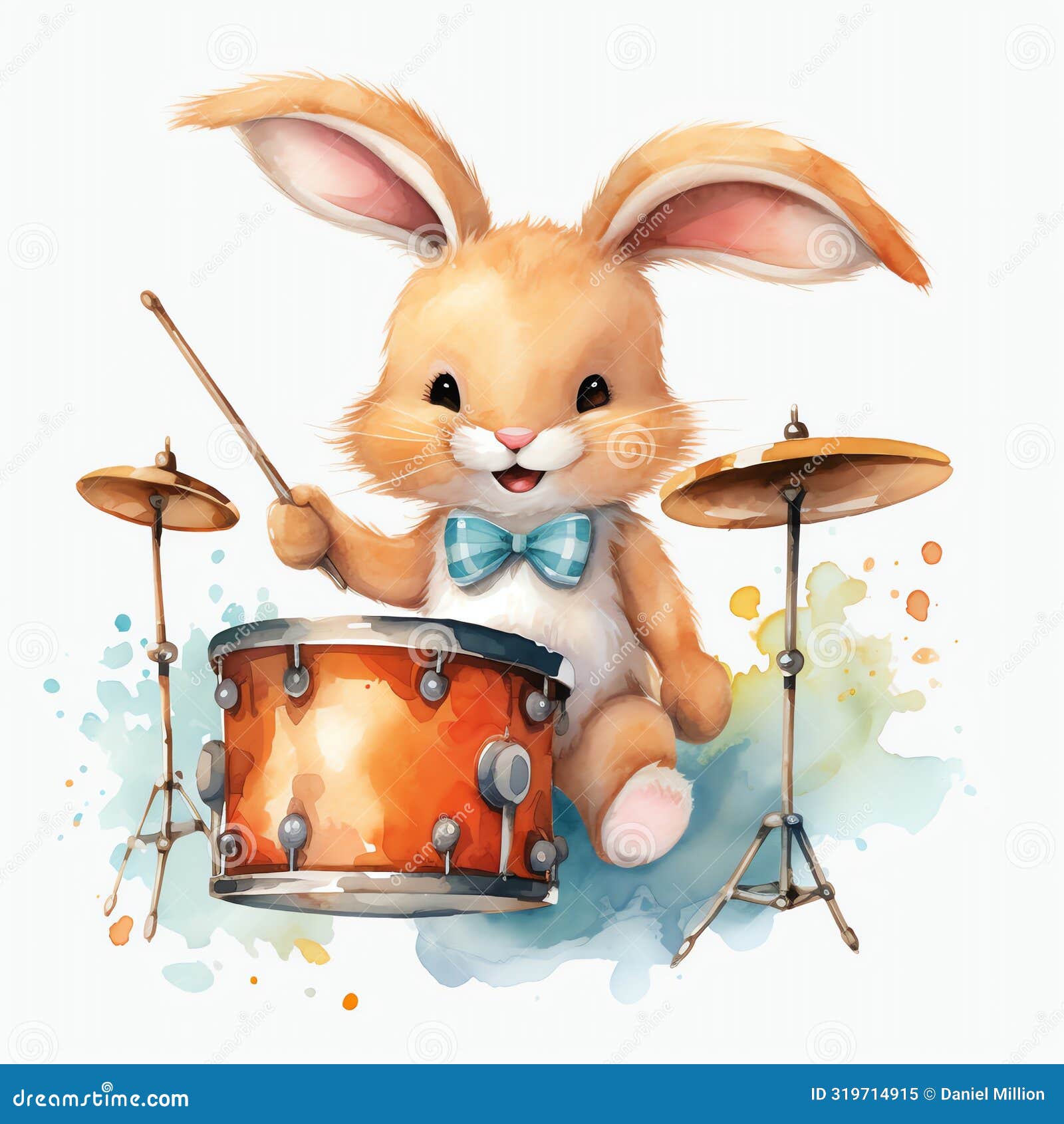 Cute Bunny with Drum Set Watercolor Illustration Stock Illustration ...