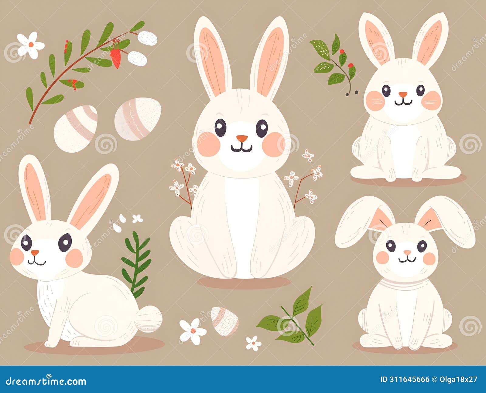 Cute Bunny with Easter Eggs and Flowers Set. Cartoon Illustration. Set ...