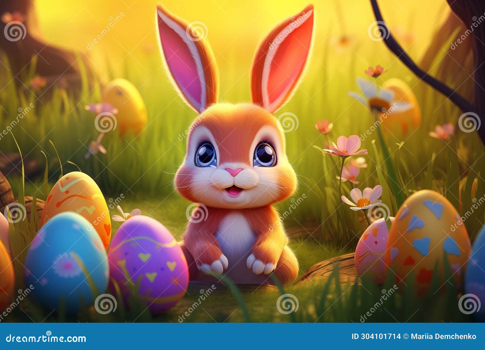 Cute Bunny with Easter Eggs in Sunny Meadow. Easter Card Stock Photo ...