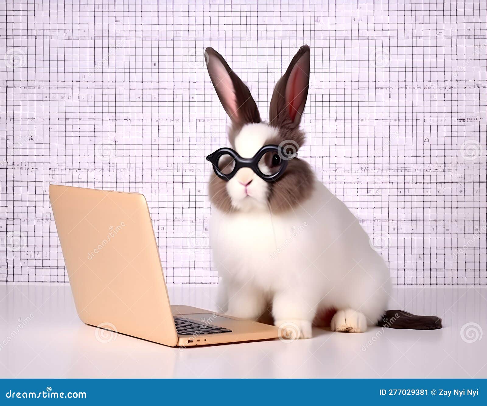 Cute Bunny with Eyeglasses and Laptop. Concept of Hardworking Pet Stock ...