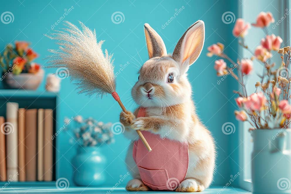 Cute Bunny with Feather Duster in Adorable Home Setting Stock ...