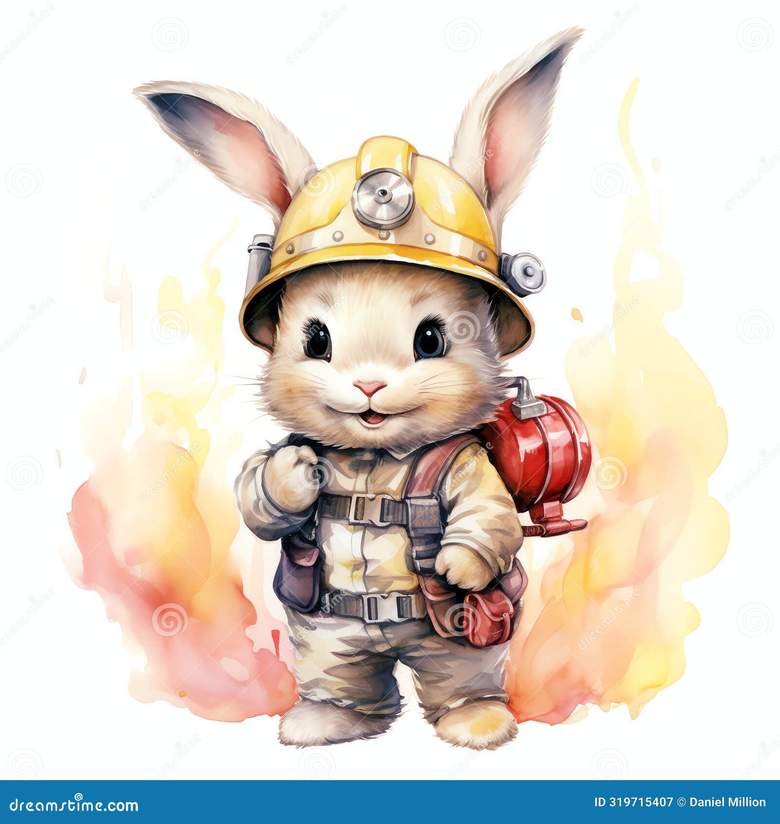 Cute Bunny with Firefighter Hose Watercolor Illustration Stock ...