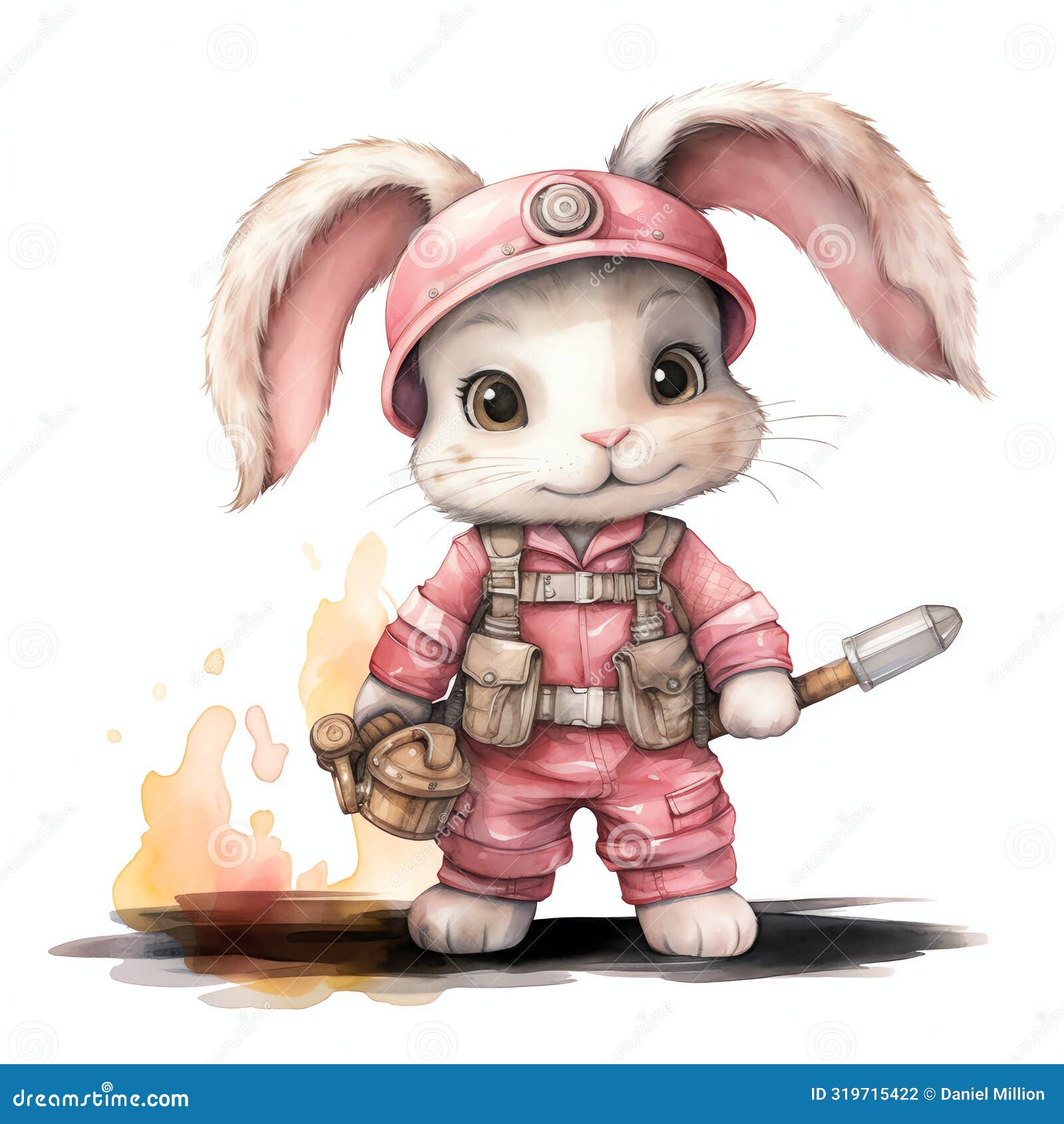 Cute Bunny with Firefighter Hose Watercolor Illustration Stock ...
