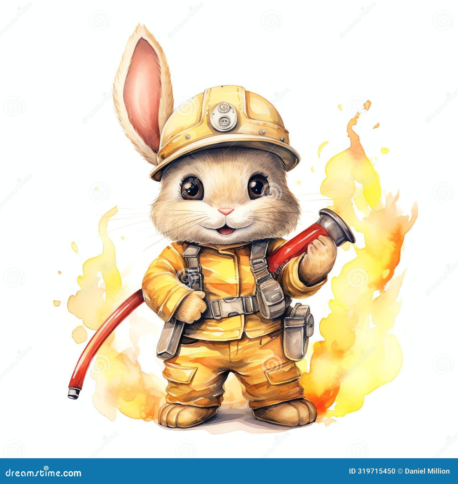 Cute Bunny with Firefighter Hose Watercolor Illustration Stock ...
