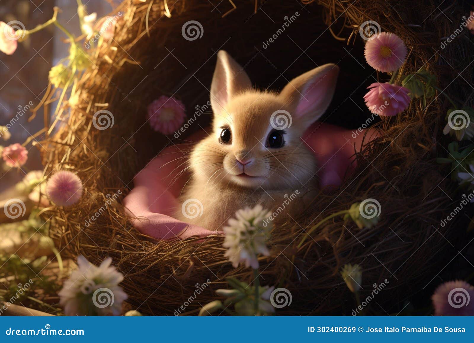 Cute Bunny with Floppy Ears Resting in a Cozy Stock Illustration ...