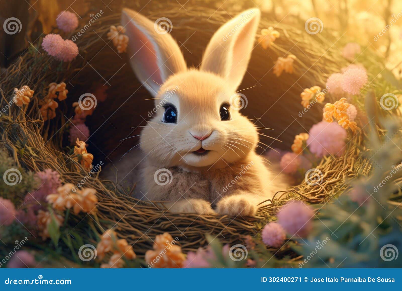 Cute Bunny with Floppy Ears Resting in a Cozy Stock Illustration ...