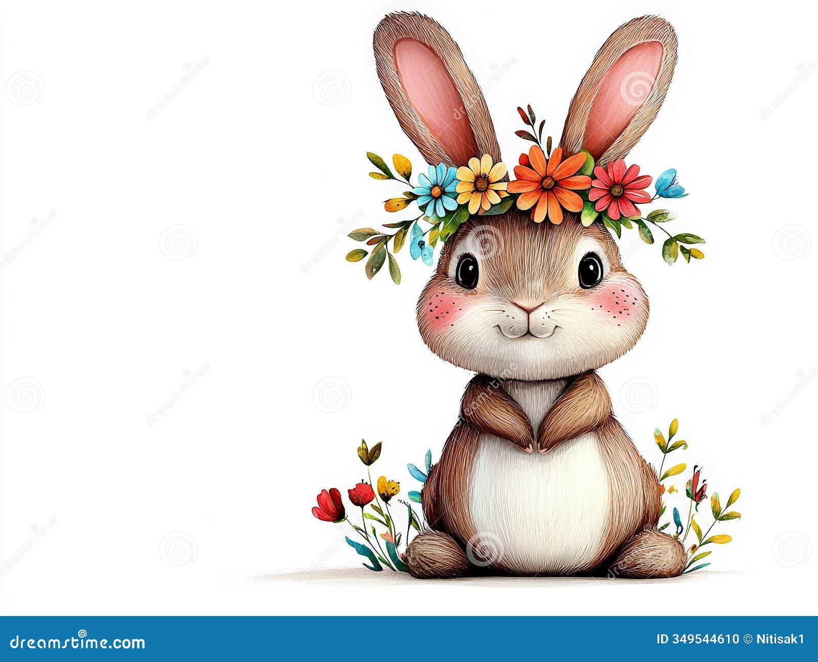 Cute Bunny with a Floral Crown White Background Stock Illustration ...