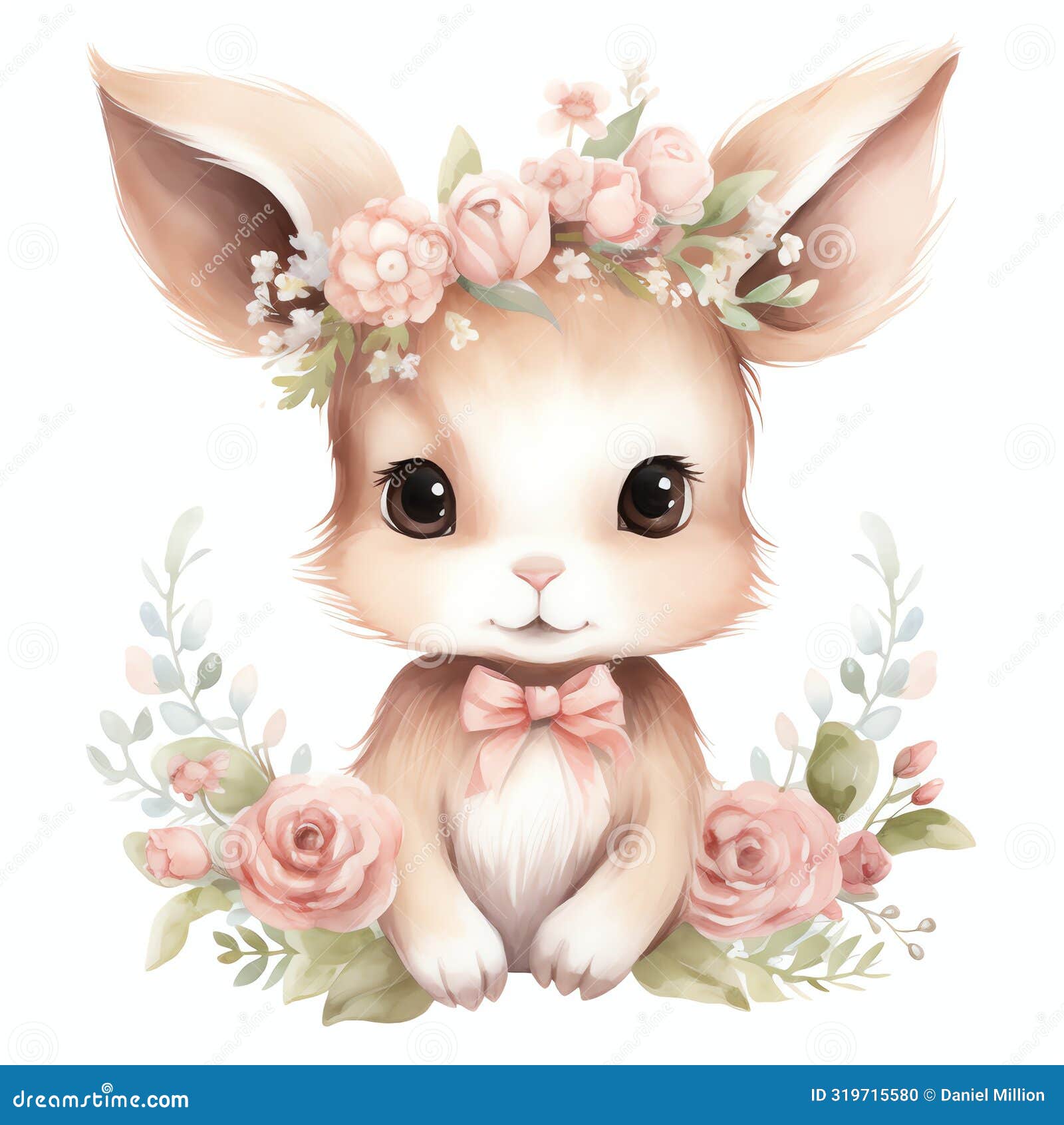 Cute Bunny with Flower Crown Watercolor Illustration Stock Illustration ...