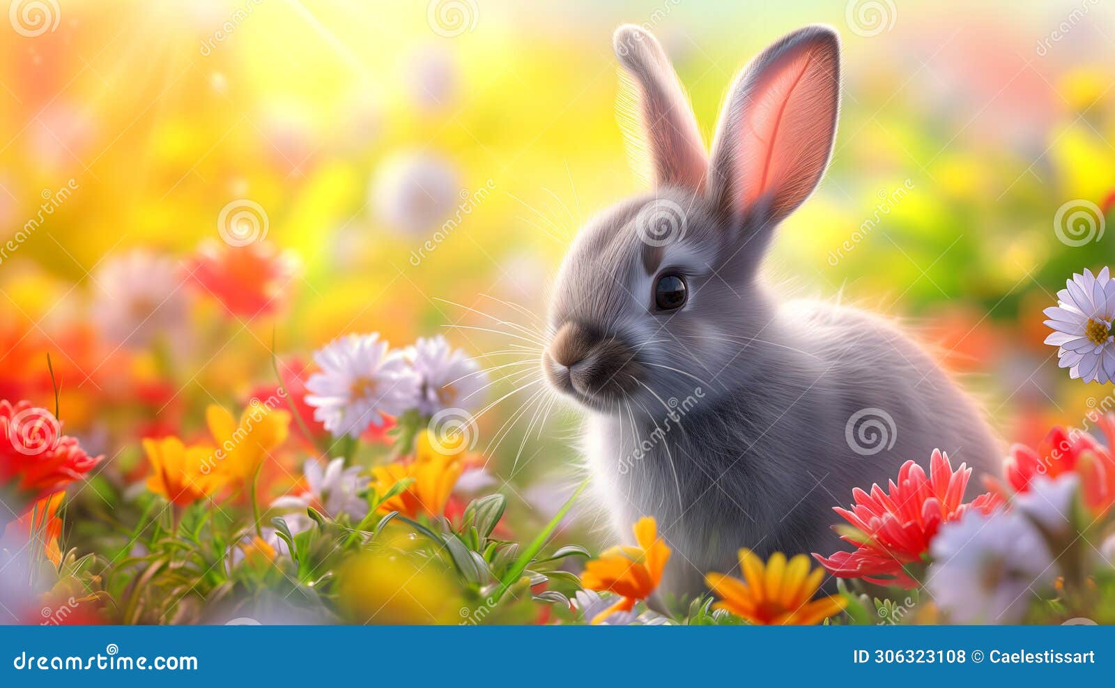 Cute Bunny in the Flower Field. Easter Springtime Theme Photography ...