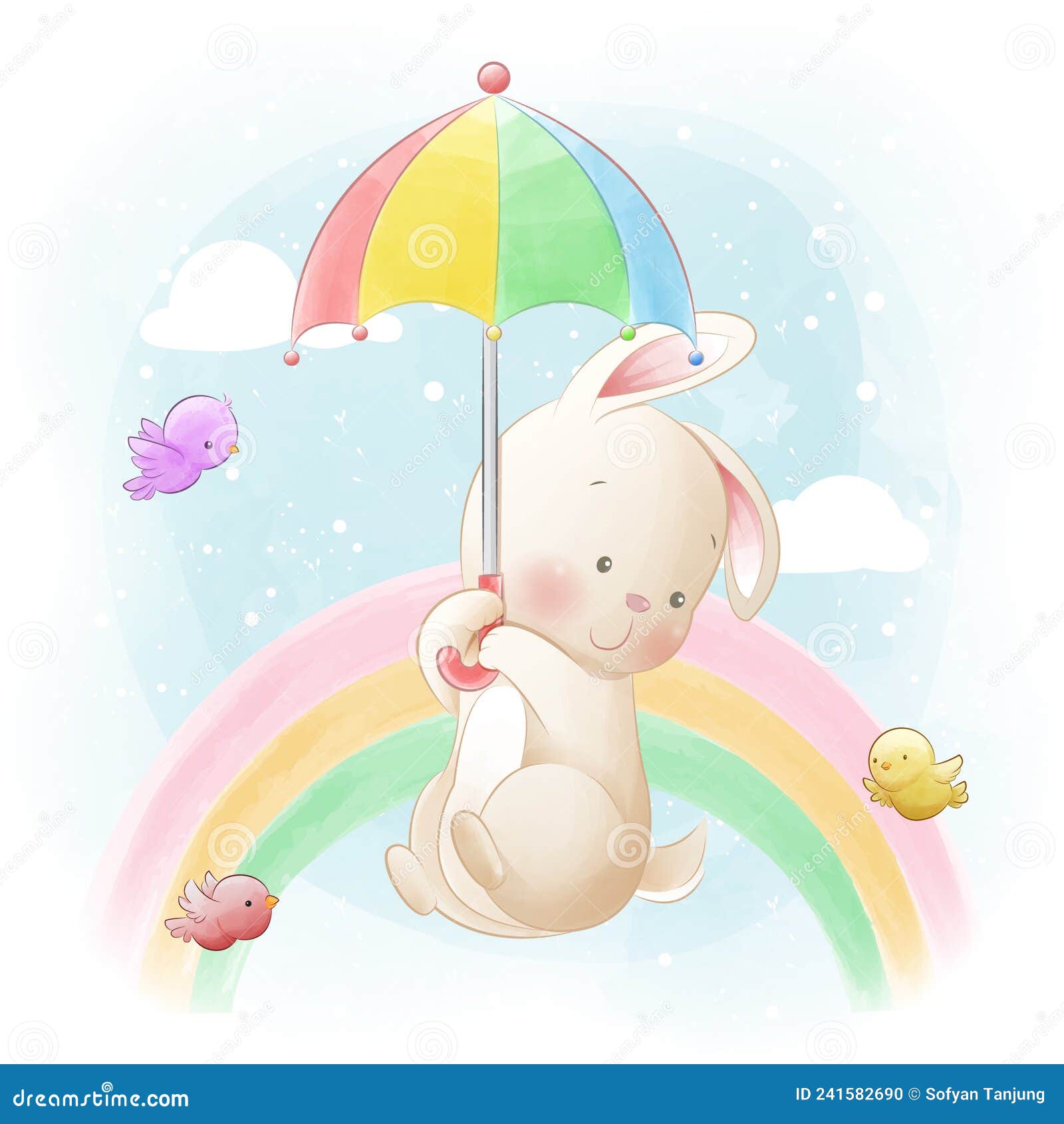 Cute Bunny Flying Umbrella with Rainbow in Sky Stock Vector ...