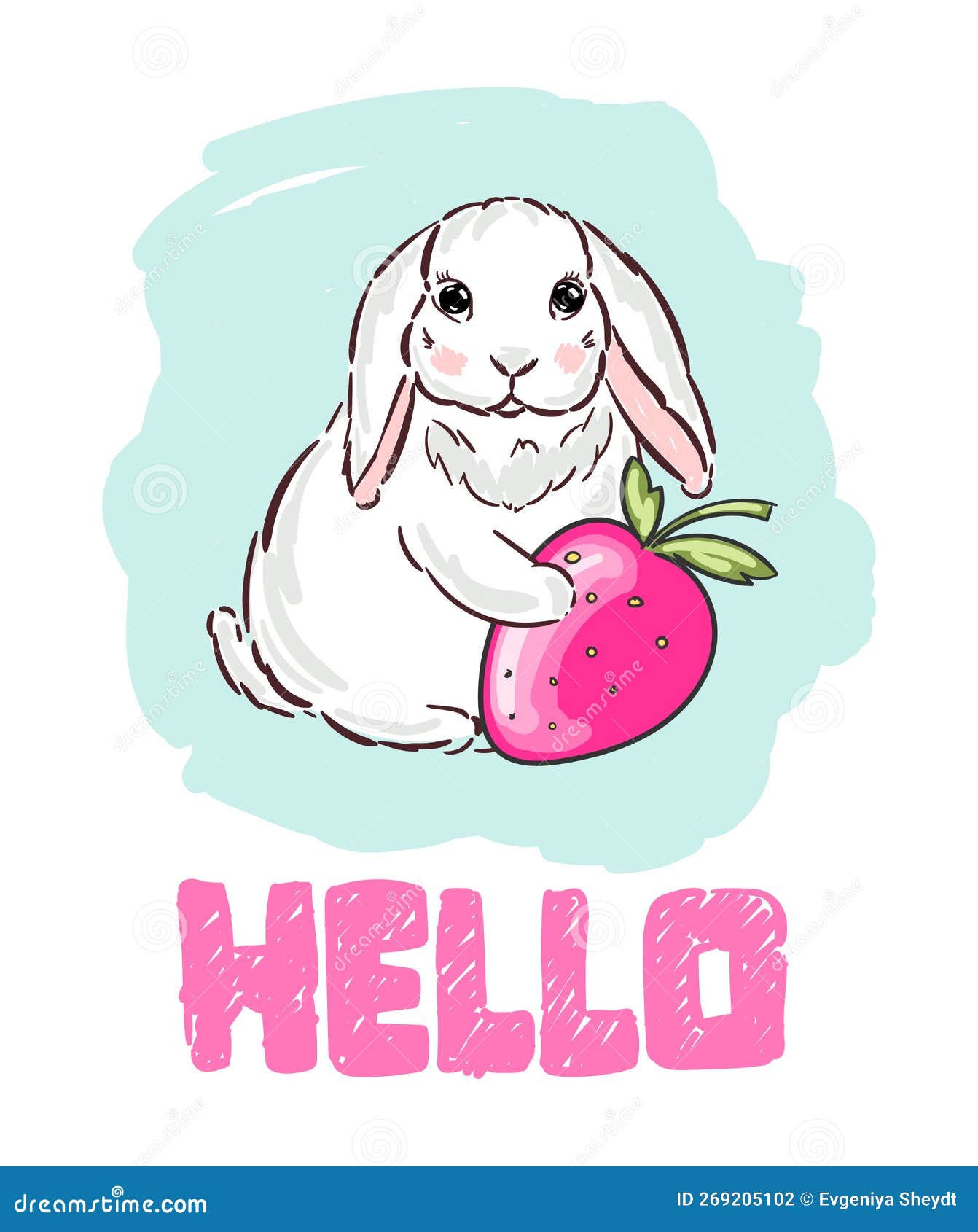 Cute Bunny with Hello Lettering. Hand Drawn Vector Illustration Stock ...