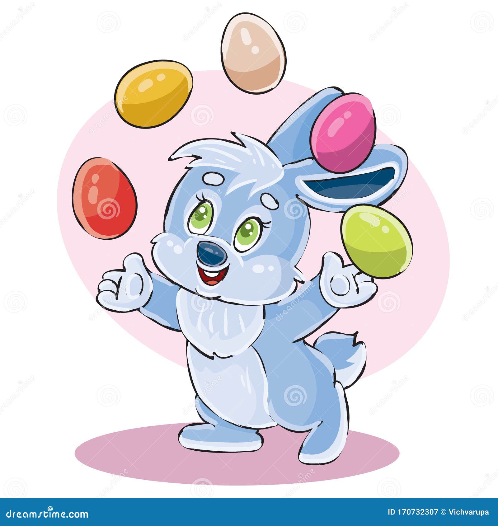 Cute Bunny is Juggling Easter Eggs that are Painted in Different Colors ...