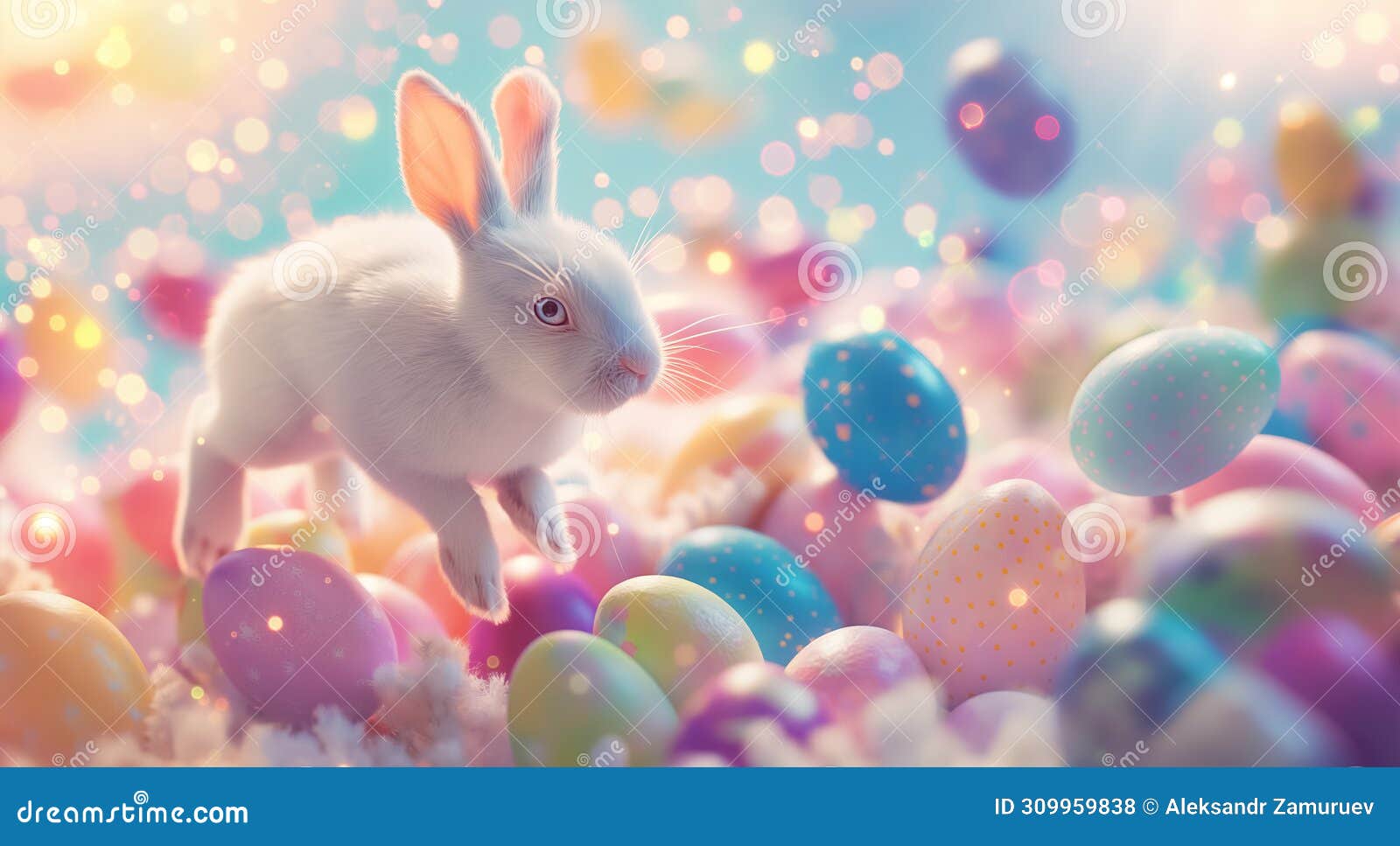 Cute Bunny Jumping Around Easter Eggs. Concept of Happy Easter Day ...
