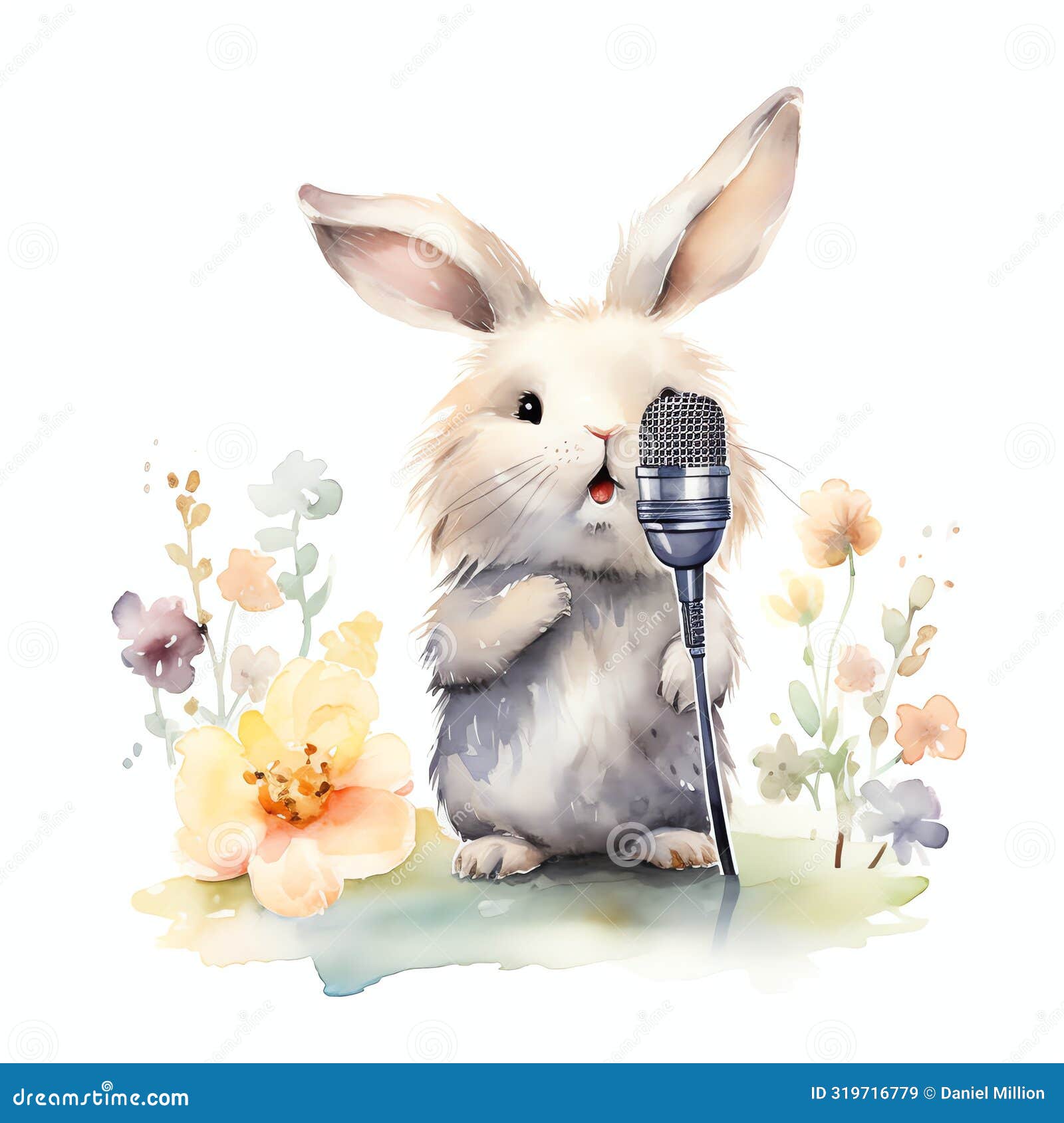 Cute Bunny with Microphone Watercolor Illustration Stock Illustration ...