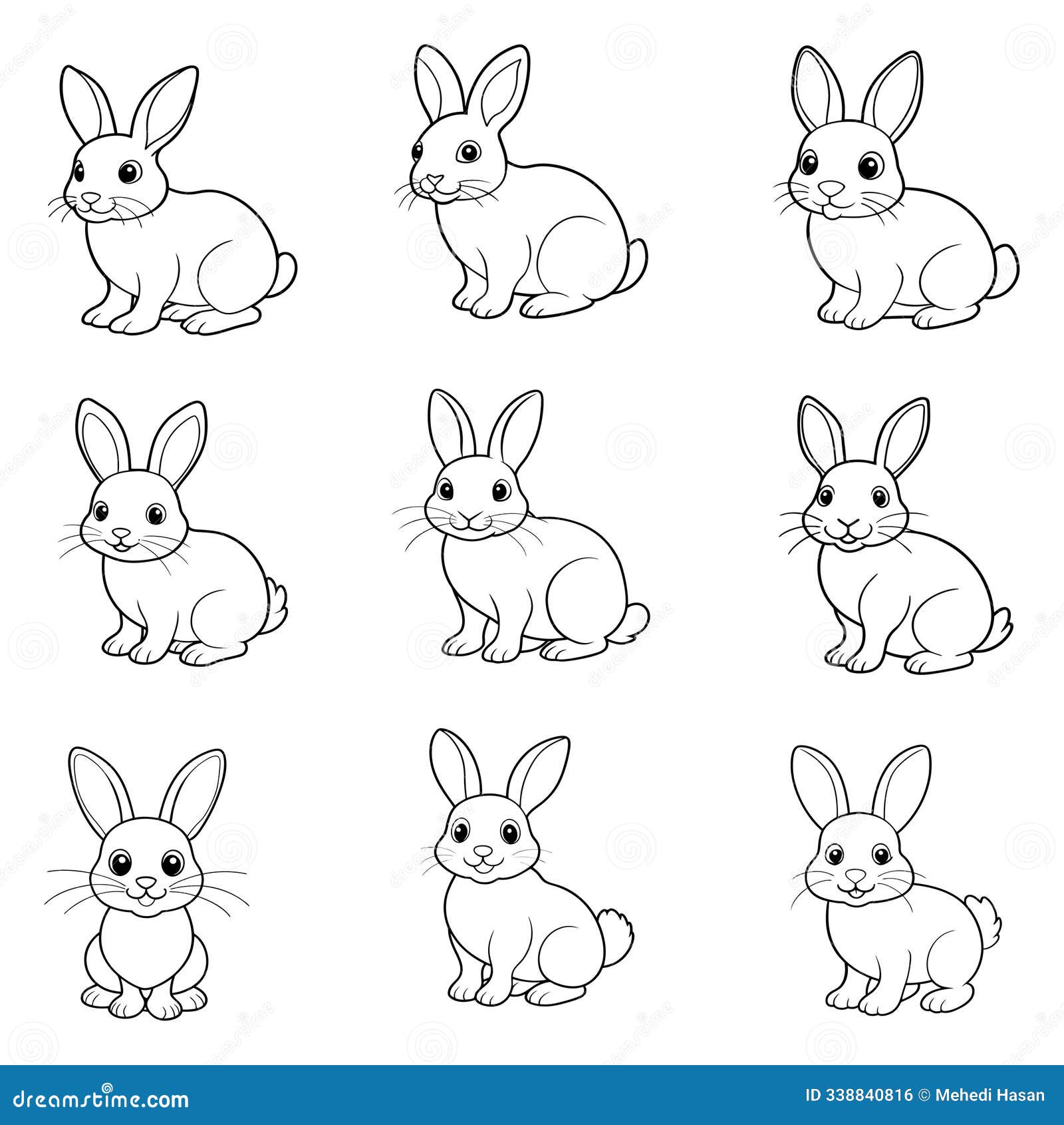 Cute Bunny Outline Set Vector Illustrations for Your Designs Stock ...