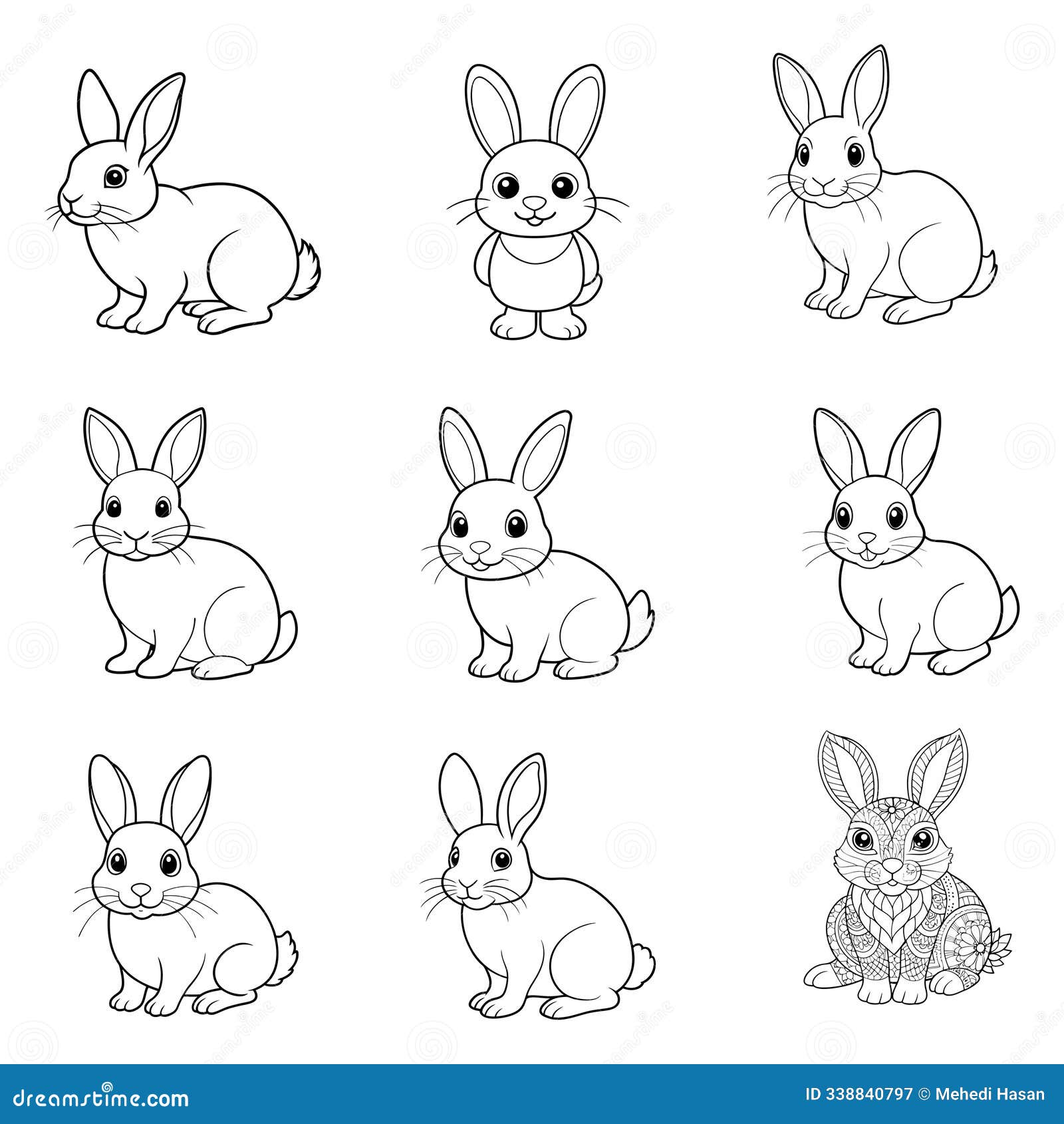 Cute Bunny Outline Set Vector Illustrations for Your Designs Stock ...