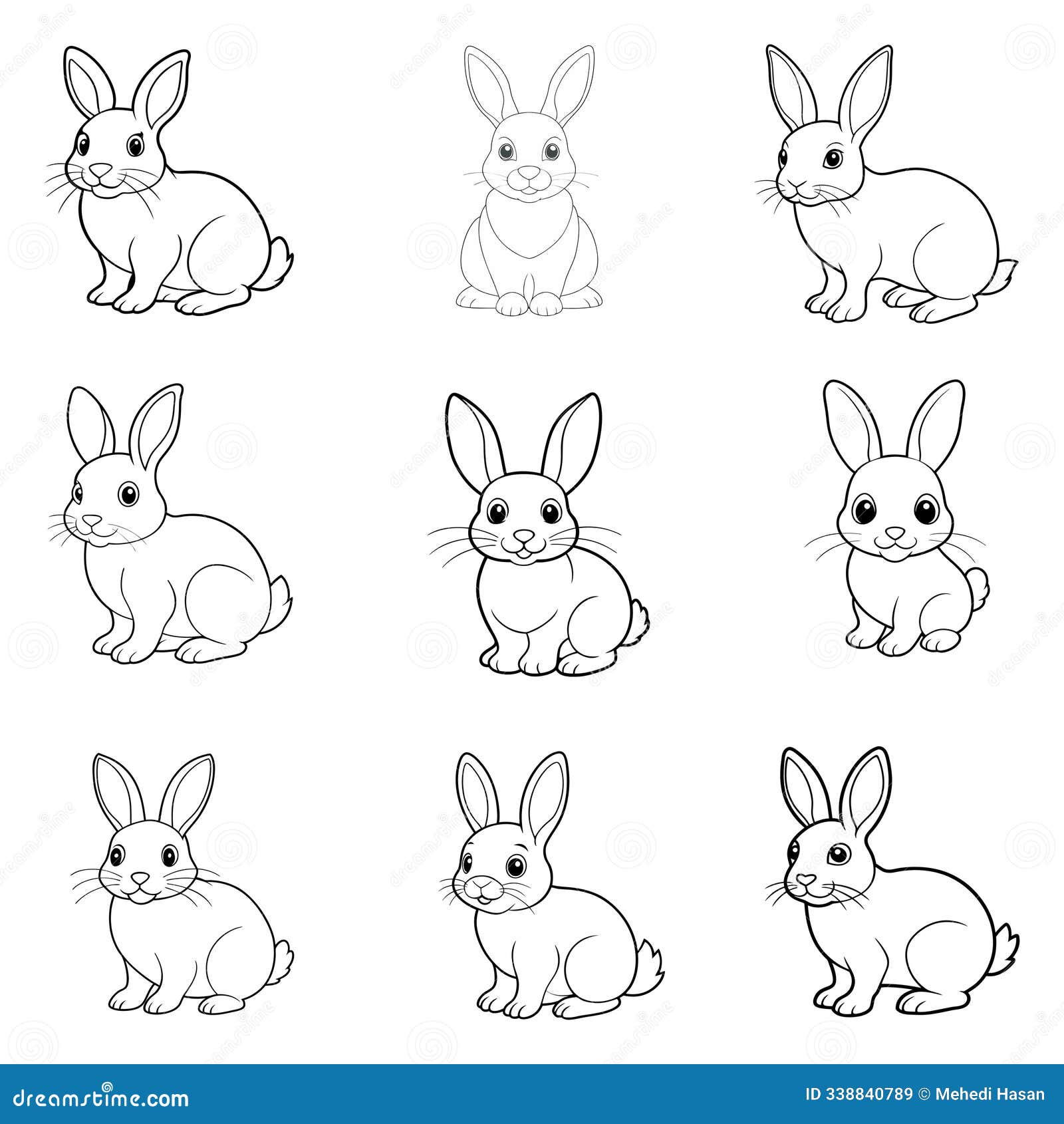 Cute Bunny Outline Set Vector Illustrations For Your Designs ...