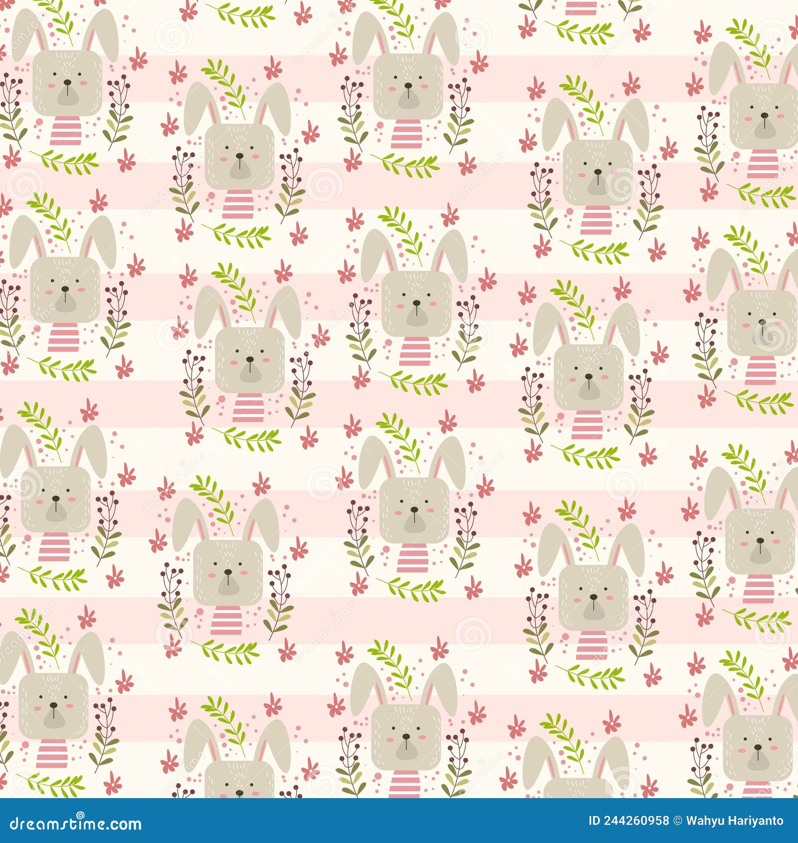 Cute Bunny Pattern Design with Flowers and Leaves. Stock Vector ...