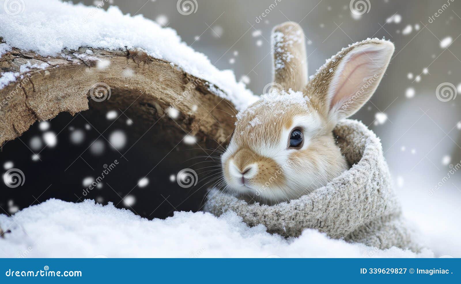 A Cute Bunny Peeking Out from a Snowy Log Stock Illustration ...