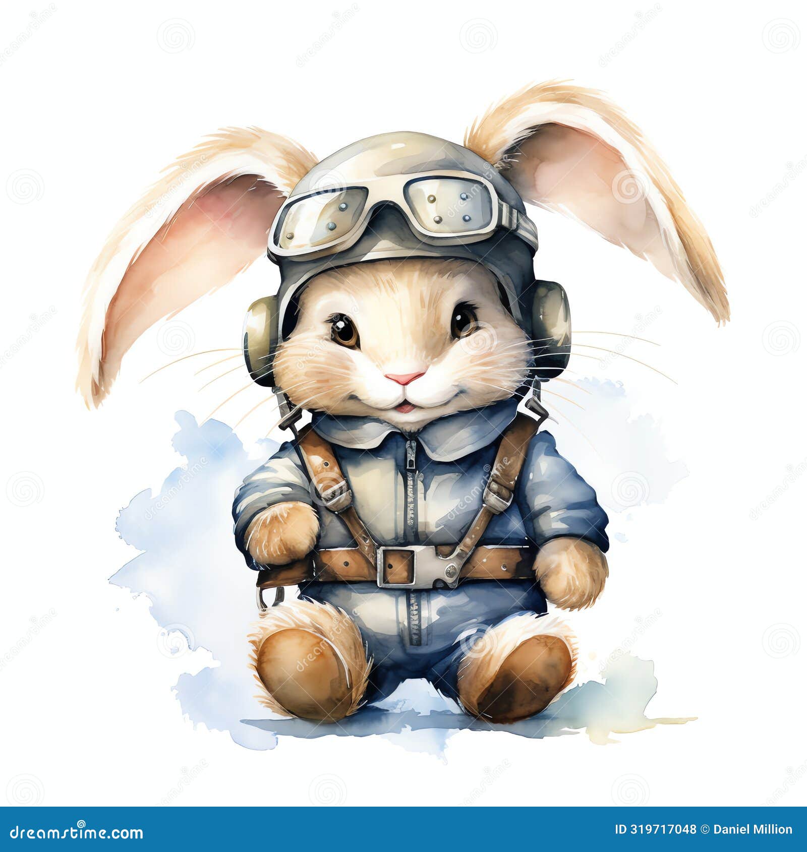 Cute Bunny with Pilot Hat Watercolor Illustration Stock Illustration ...