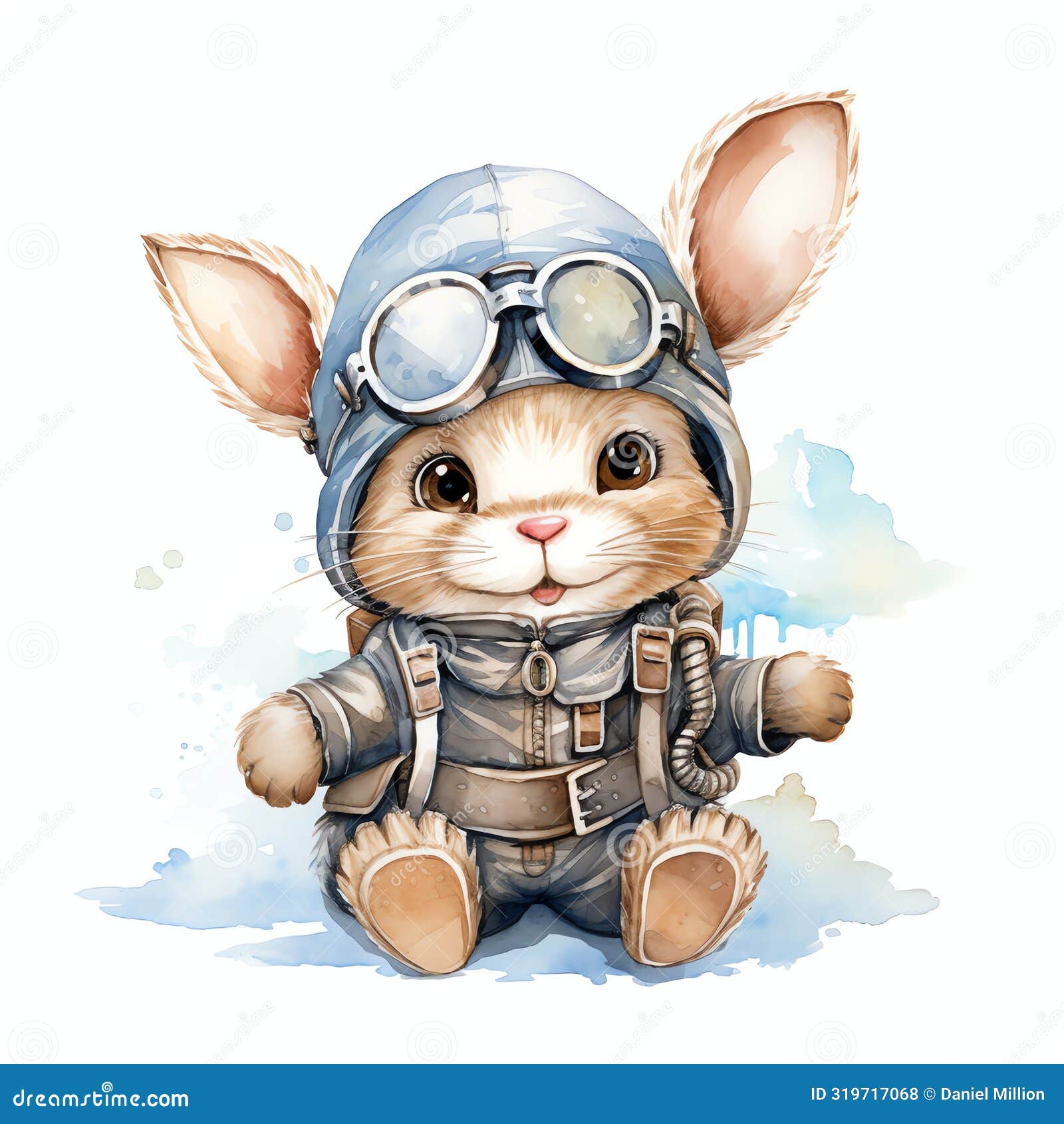 Cute Bunny with Pilot Hat Watercolor Illustration Stock Illustration ...