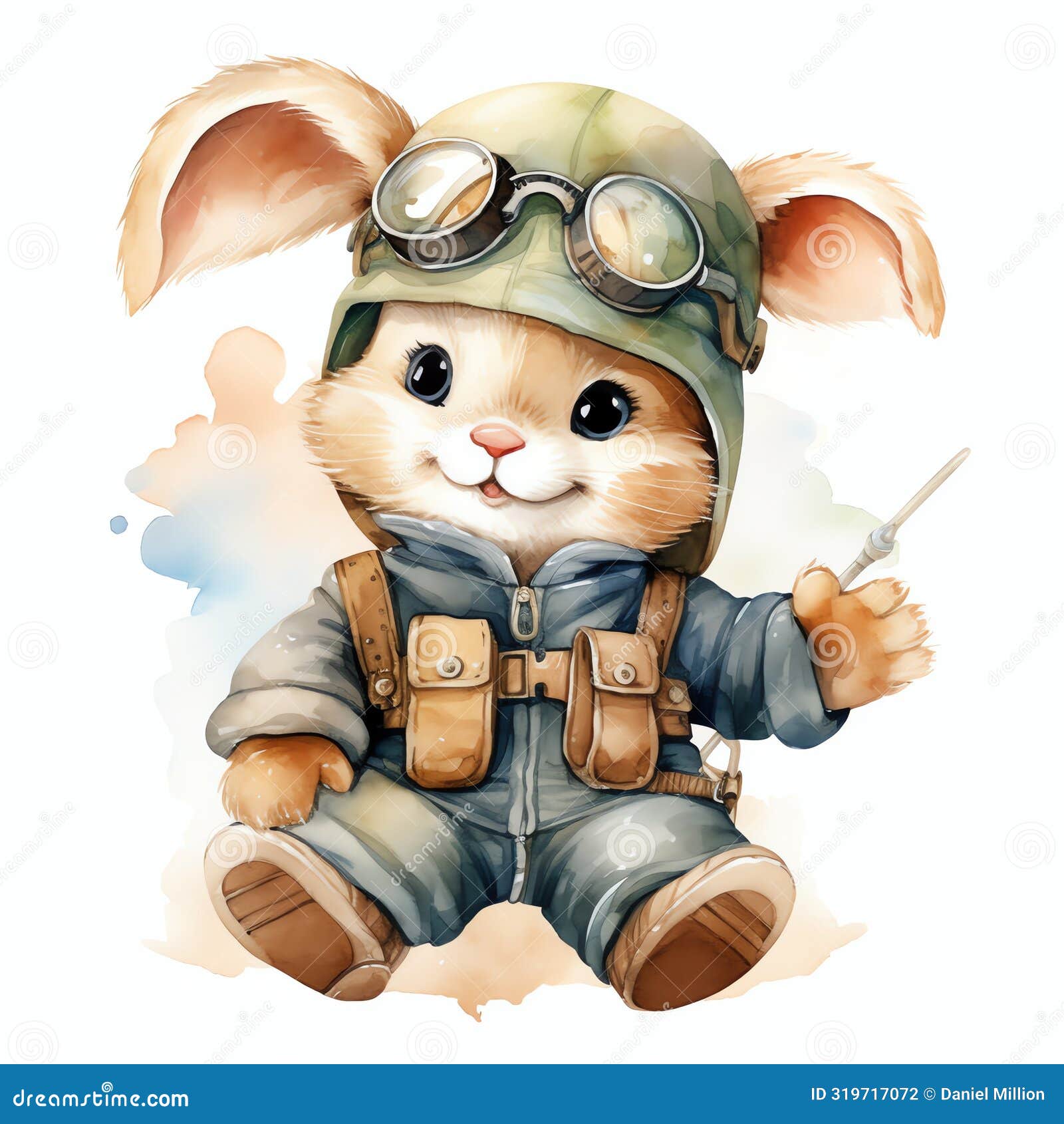 Cute Bunny with Pilot Hat Watercolor Illustration Stock Illustration ...
